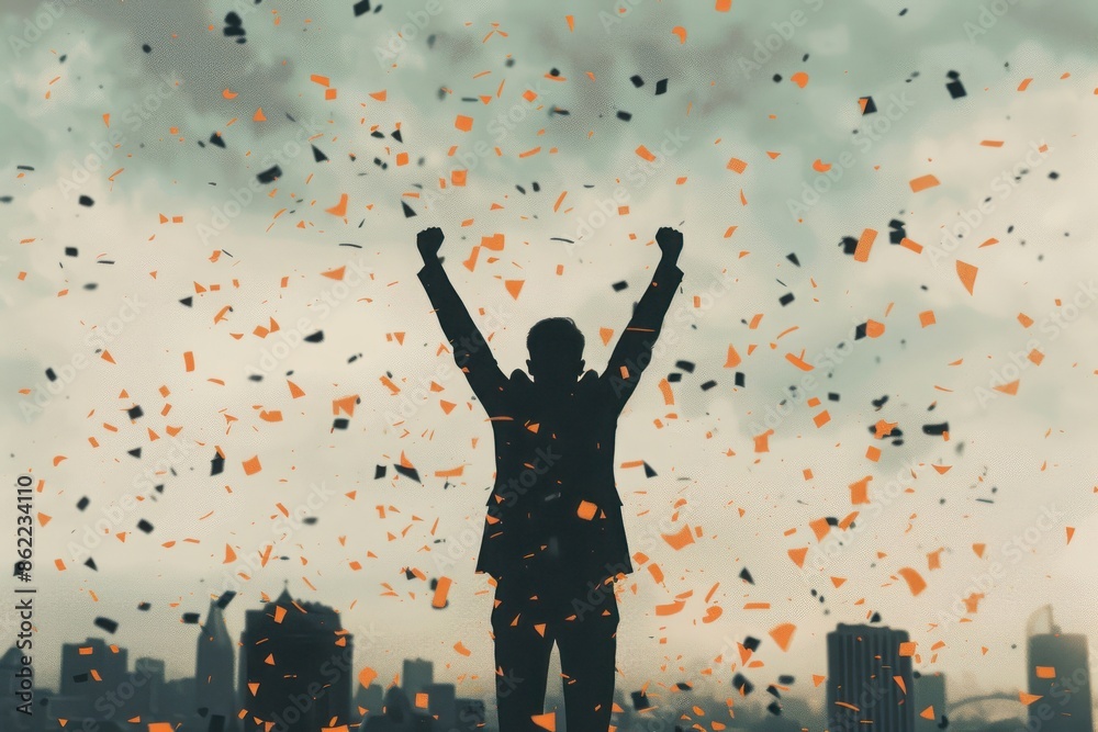 Silhouette of a victorious person with arms raised amidst flying ...