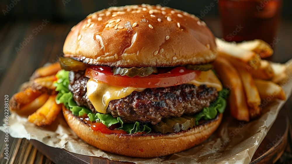 Tasty Delicious burger with a juicy beef patty, melted cheese, fresh ...