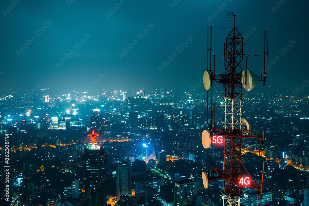 Telecommunication tower with 5G network antenna against a city skyline ...