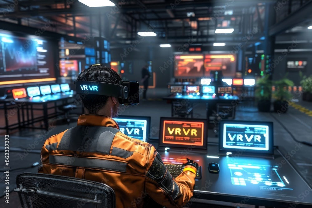 Man in a VR control room with multiple screens and advanced technology ...
