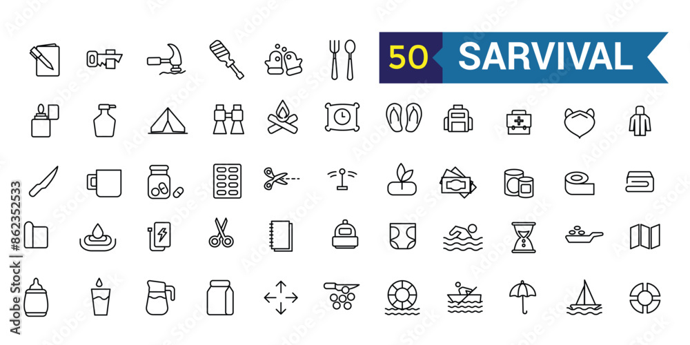 Survival icons set. Outline set of survival vector icons for ui design ...