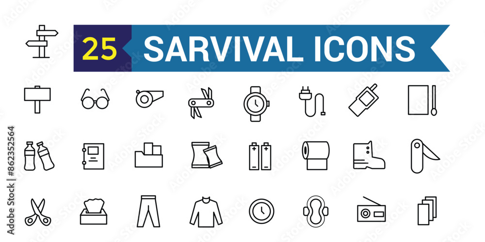 Survival icons set. Outline set of survival vector icons for ui design ...