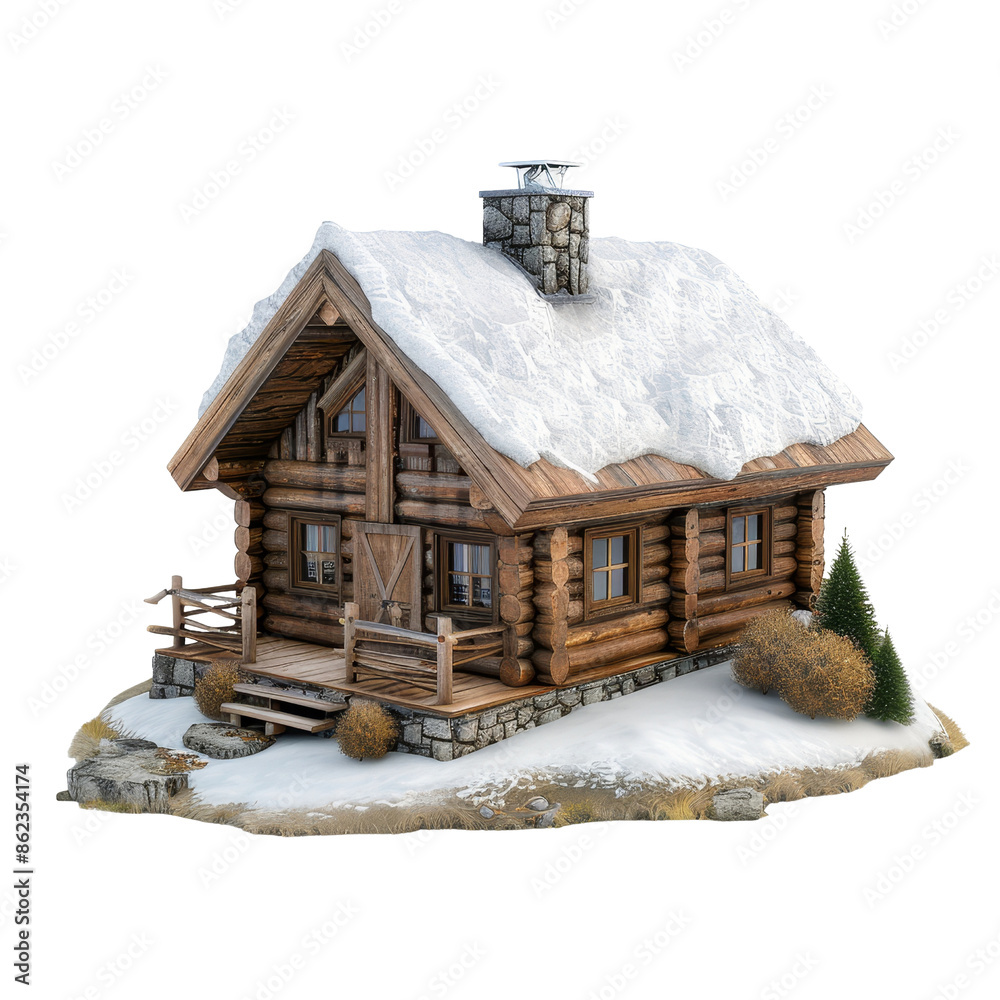 Snow-covered log cabin with chimney and wooden porch on transparent ...