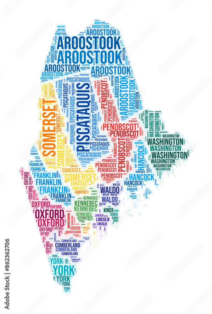 Maine county word cloud. State shape design. Maine colored illustration ...