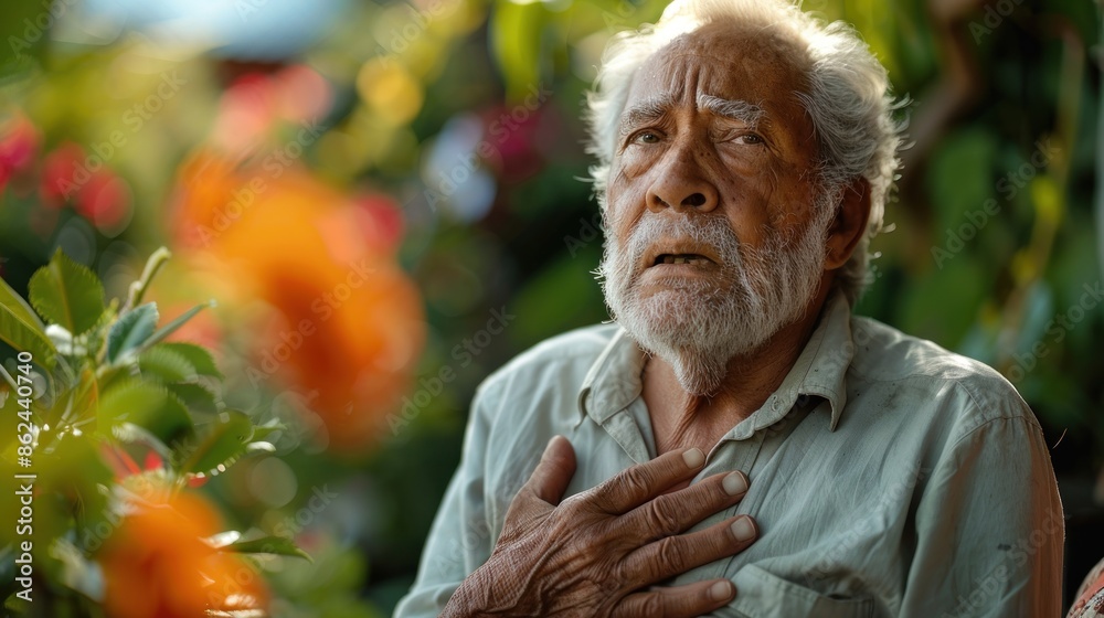 Image of an elderly man showing panic symptoms while sitting in a small ...