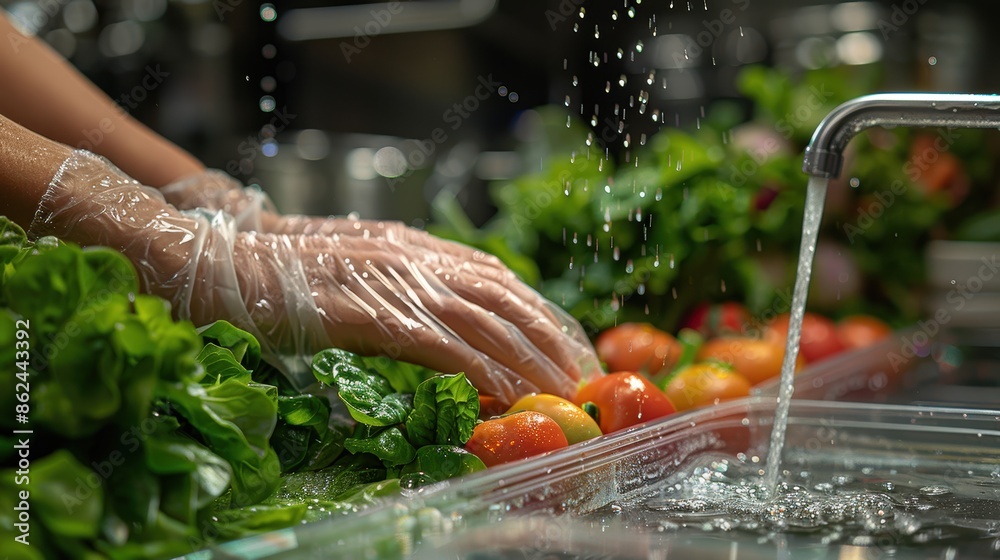 Hands wearing gloves washing fresh vegetables under running water in a ...