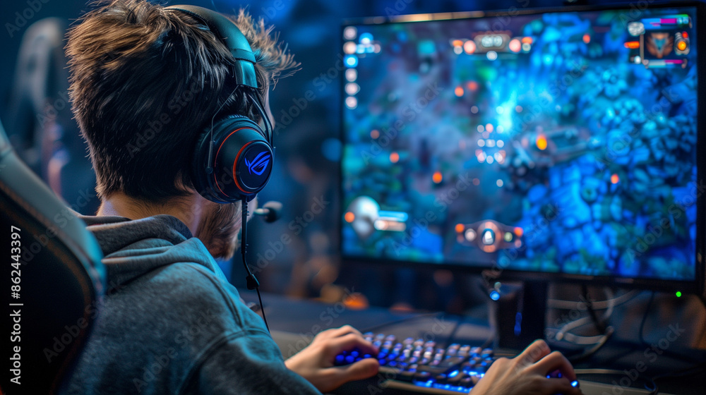 pro gamer man in headphones live streaming while playing online ...