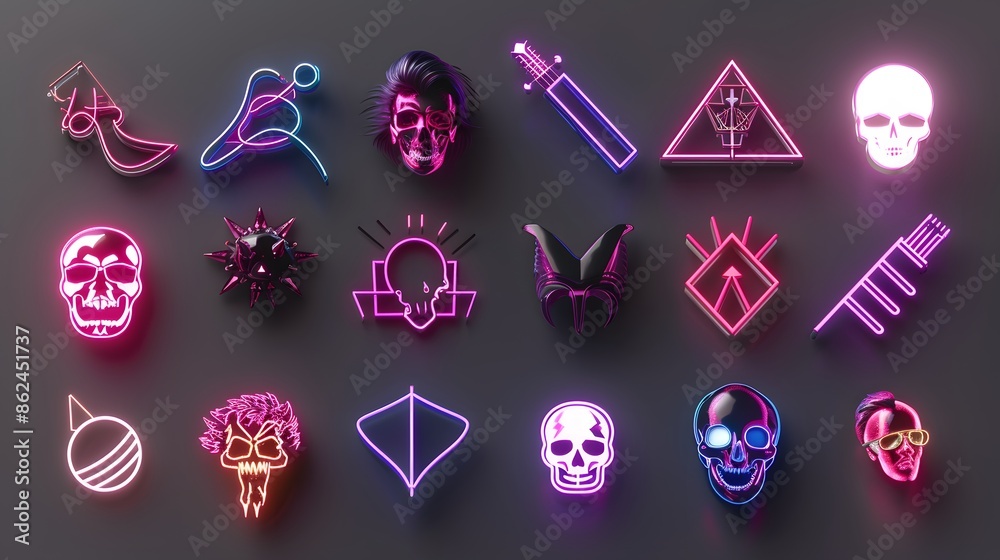 Hair metal band logos and symbols highlighted by neon LED lights ...