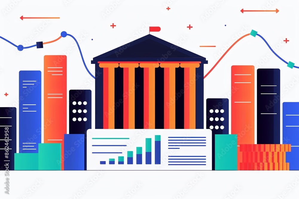 Colorful financial illustration showing buildings, graphs, and data ...