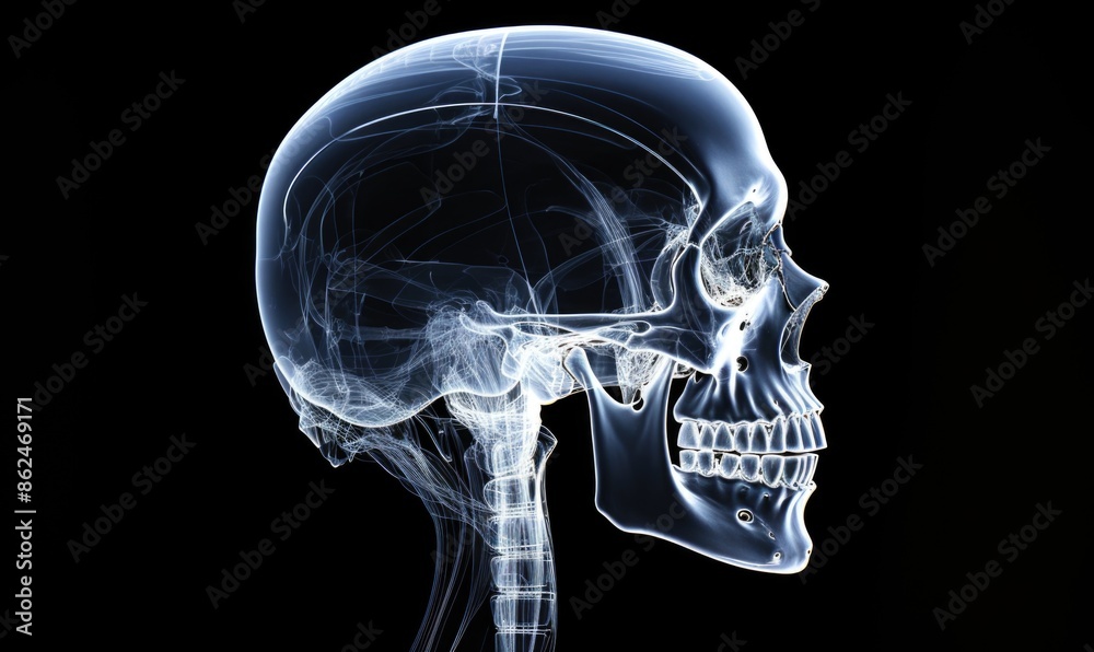 Detailed X-Ray Profile of Human Skull Showing Cranial and Facial Bones ...