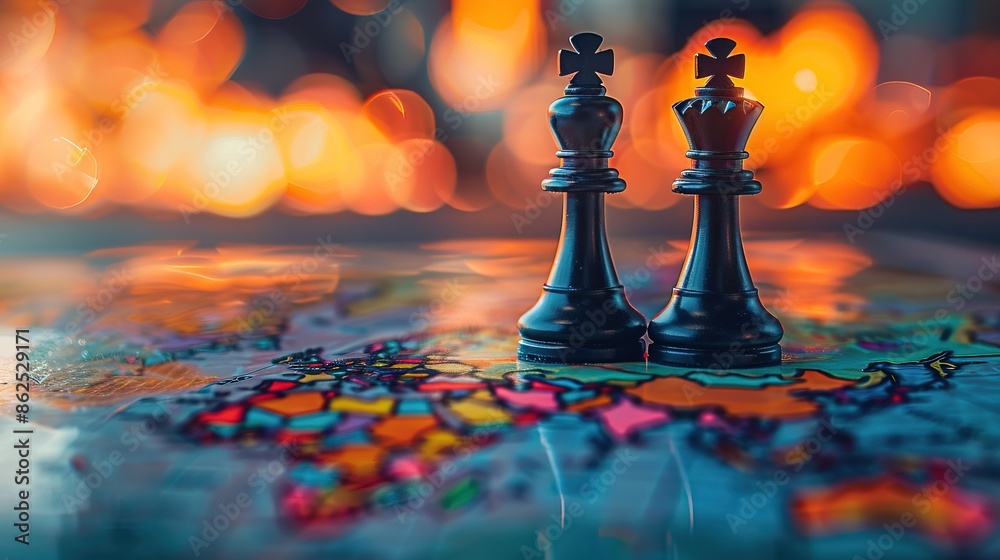 Geopolitics concept image with two chess pieces on a world map ...