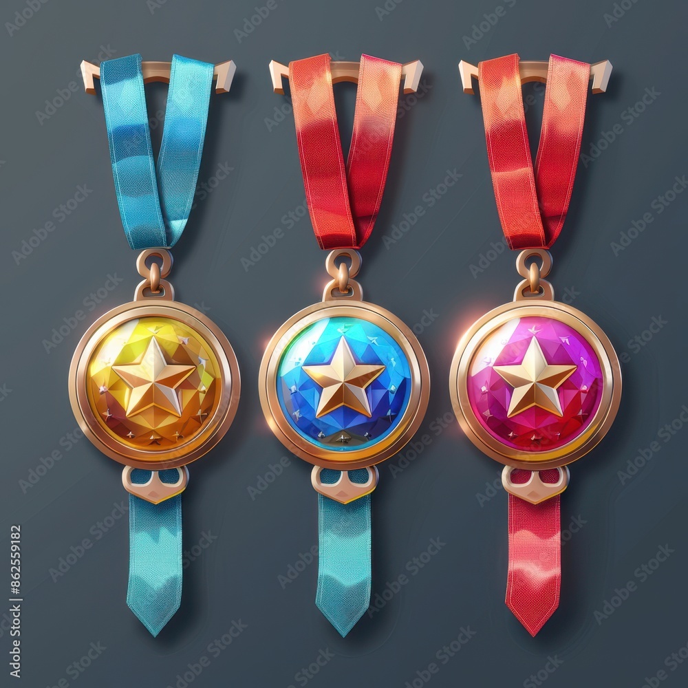 Colorful Medals with Stars on Ribbons - Gold, Blue, and Red Awards for ...