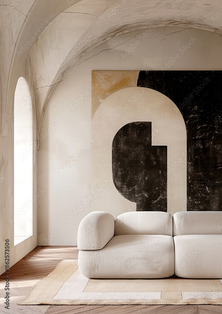 Sofa against arch window in room with arch ceiling. Minimalist, japandi ...