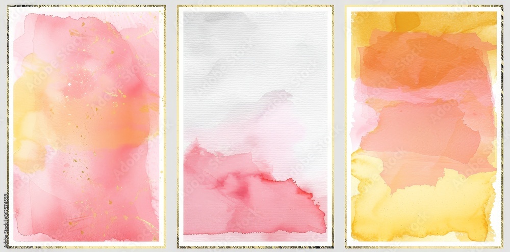 Collection of pink watercolor wash splash with golden frame 5x7 ...