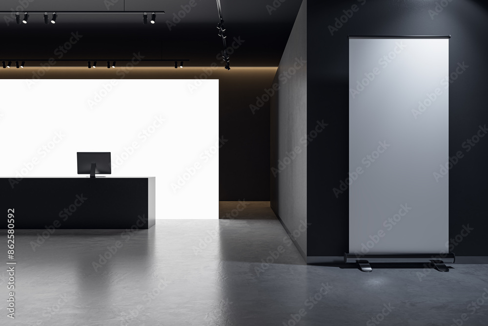 Modern office interior with white reception desk and mock up banner. 3D ...