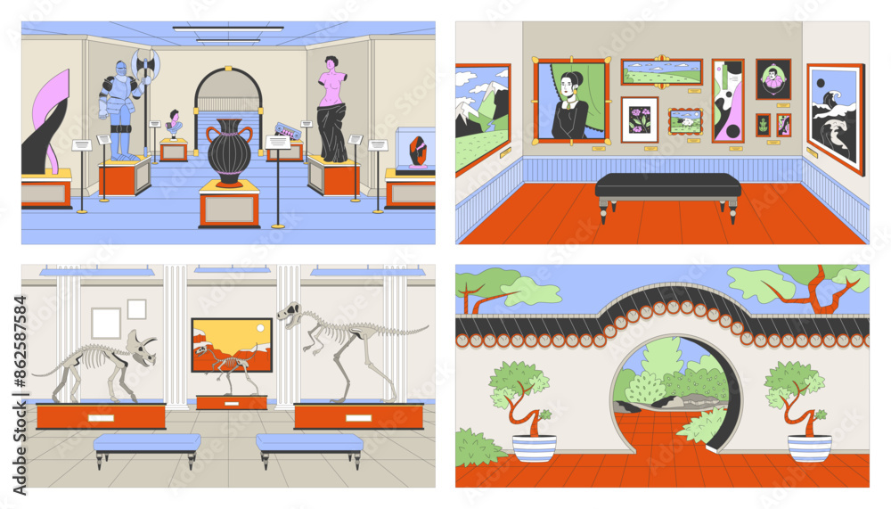 Museums art galleries cartoon flat illustrations set. Exhibition ...