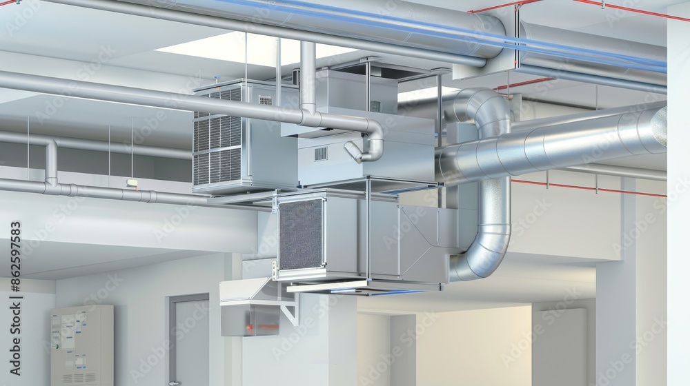 An illustration of a building HVAC system, with air ducts and air ...