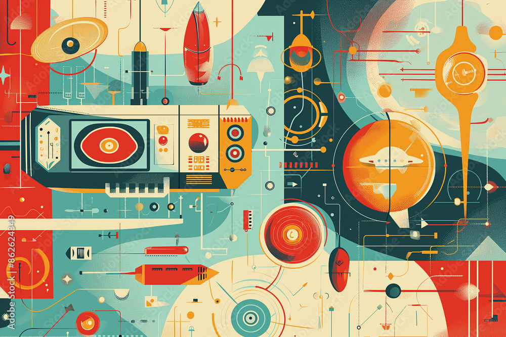 seamless pattern wallpaper with a retro futuristic vibe, combining ...