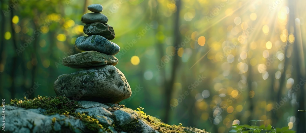 Rock cairn collection on a big boulder in the forest with copy space ...