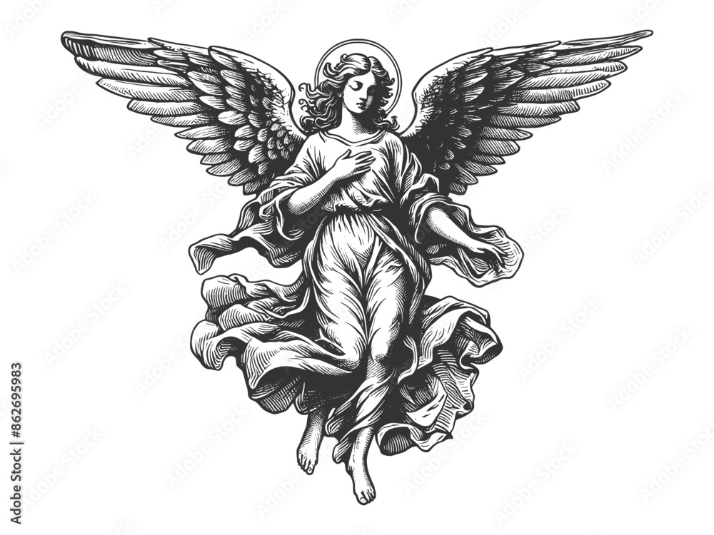 graceful angel with flowing robes and outstretched wings, capturing a ...
