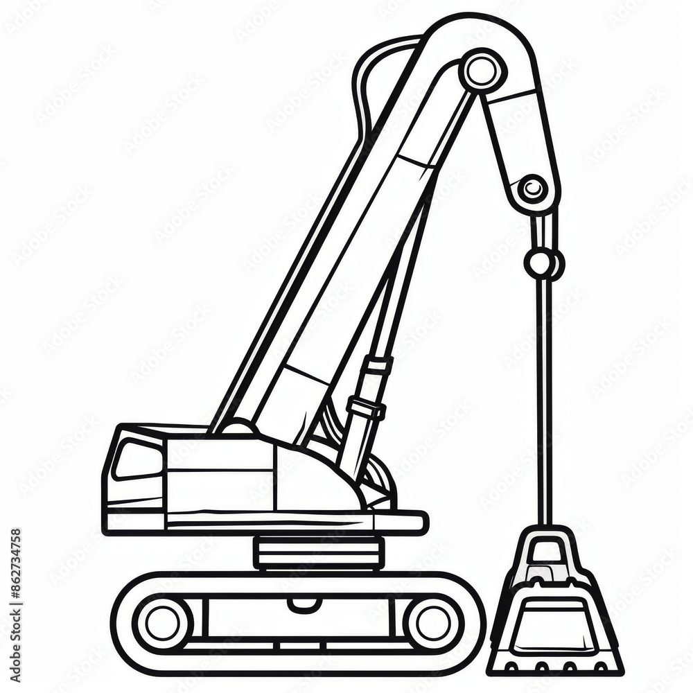 Line drawing of an excavator with a bucket, used for digging and ...