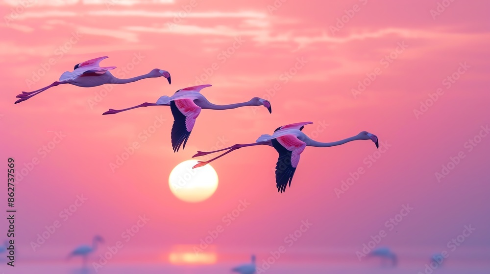 Three flamingos soaring gracefully across a vibrant pink sky with the ...