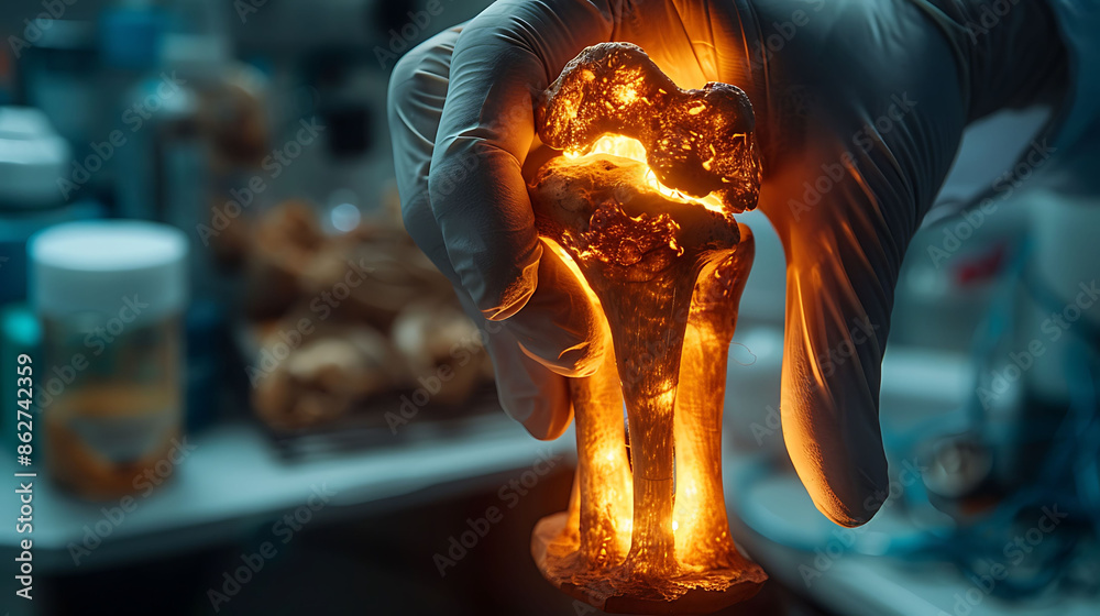 Closeup of doctor hand in gloves holding a glowing wooden tibia model ...