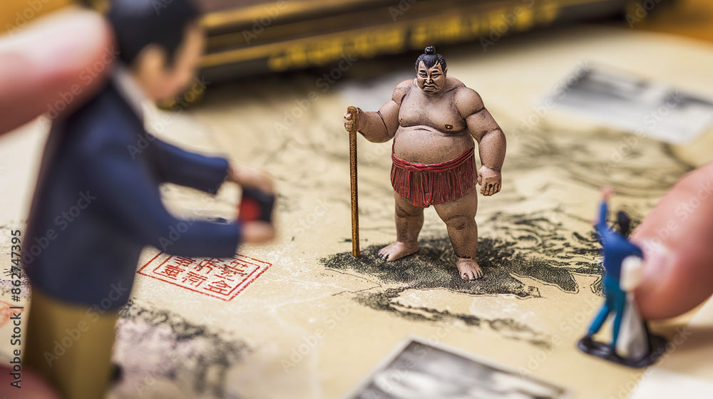 Tiny tourists taking photos beside a doodled illustration of a sumo ...