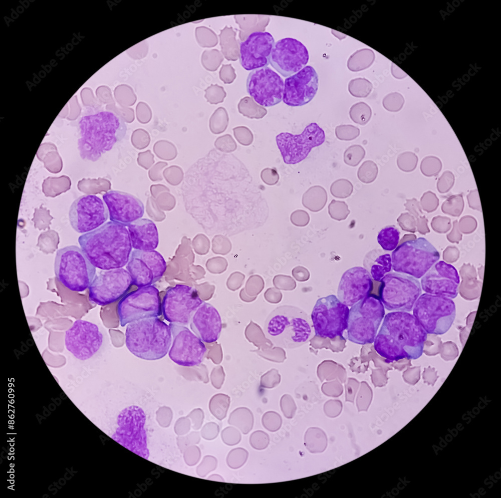Acute myeloid leukemia (AML). Smear show monocytes and mostly blast ...