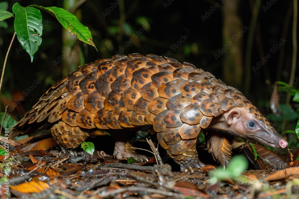 A pangolin walking across a forest floor, its body covered in hard ...