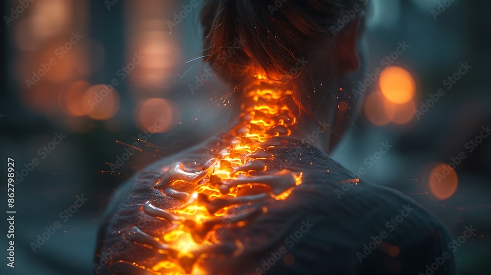 Spinal health visualization Man experiencing scoliosis a glowing ...