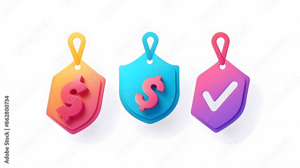 Label set with percent, check mark and discount. App icon. 3D Web ...