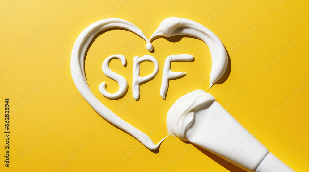 SPF word shaped like heart made of sunscreen cream on yellow background ...