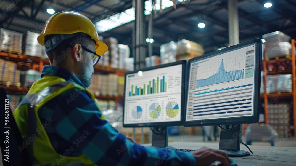 A smart warehouse manager analyzes data on a computer dashboard, monitoring key performance ...