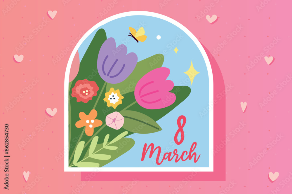 8 March sticker concept in flat cartoon design. Tulips and other ...