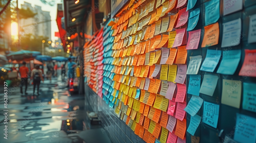 Sticky Notes Covering Wall in Street. Wall covered with colorful sticky ...