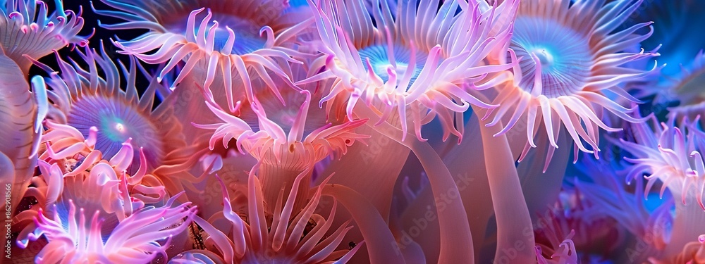 Detailed close-up of vibrant coral polyps in an underwater setting ...