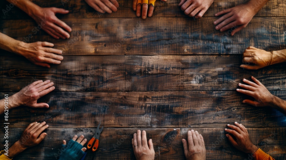 Diverse hands reach towards the center of a rustic wooden table ...