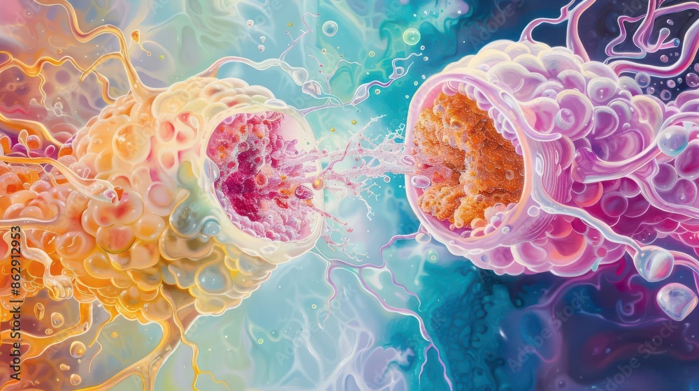 Artistic depiction of mitosis showing cell splitting into two, cell ...