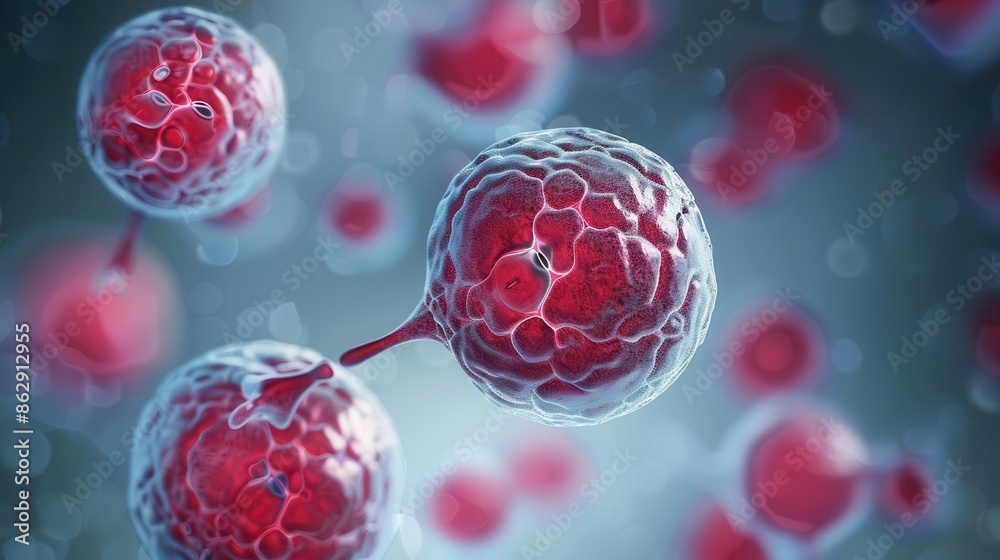 Artistic representation of mitosis showing cells splitting, cell ...