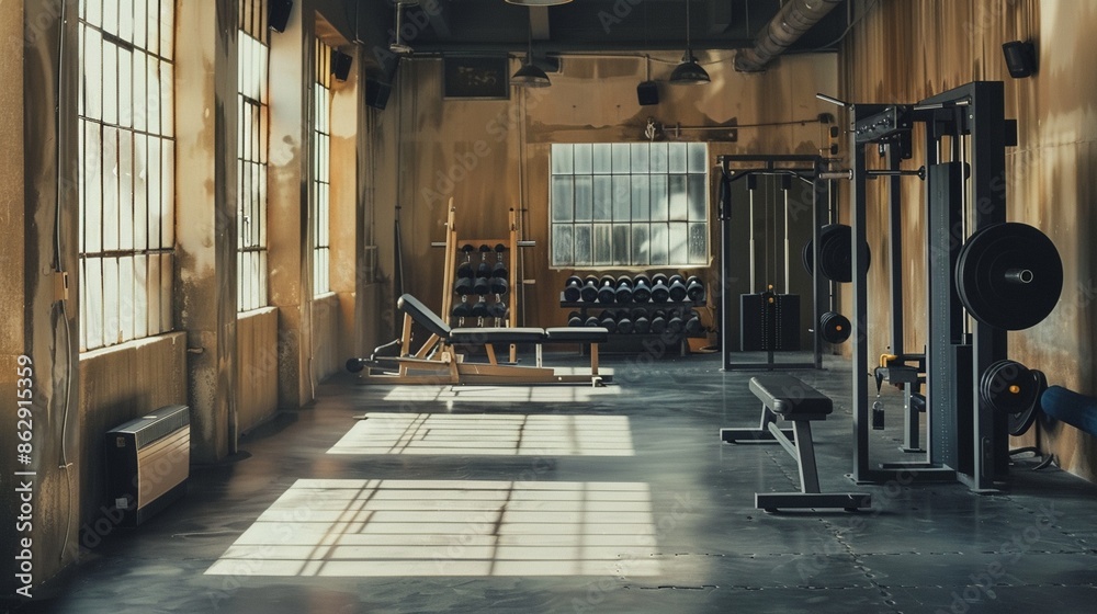 Modern industrial gym interior with workout equipment, weightlifting ...