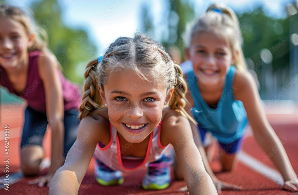 Children at a school sports day were doing starting positions for a ...