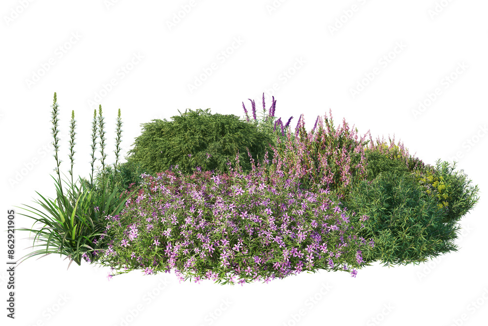 3d render group flowers and low shrubs for landscaping. Garden bushes ...