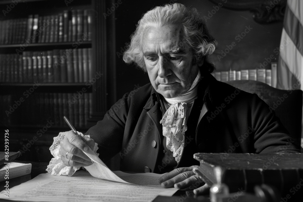 George Washington signing the Declaration of Independence, focused ...