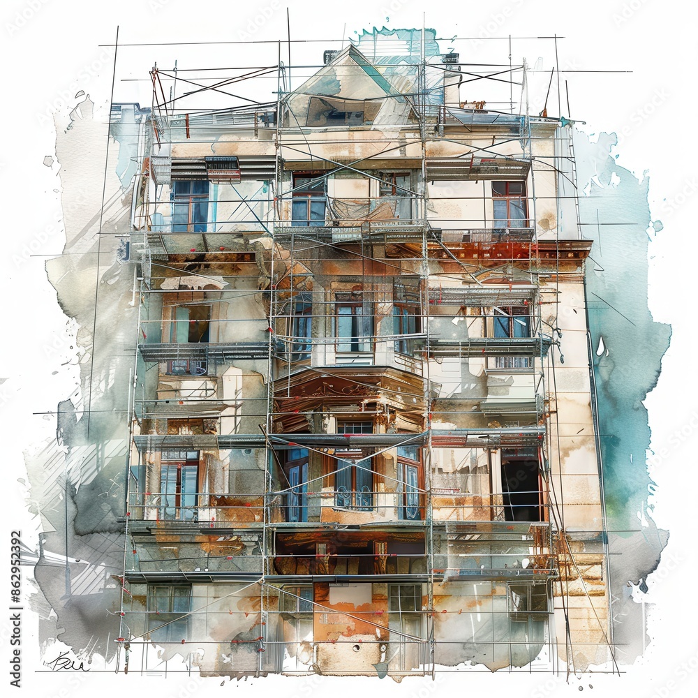 Watercolor painting of a building under renovation with scaffolding ...