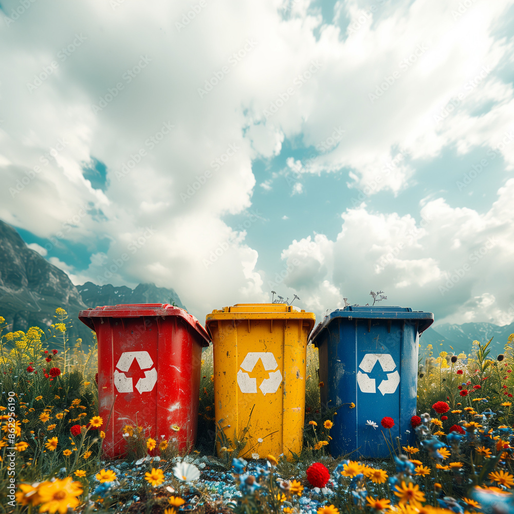 colorful recycle bin with nature in the background; cloudy sky, meadow ...