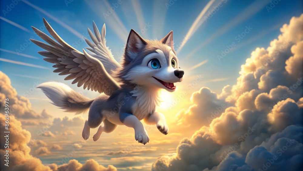 Adorable cartoon wolf with wings soaring through serene blue sky with ...