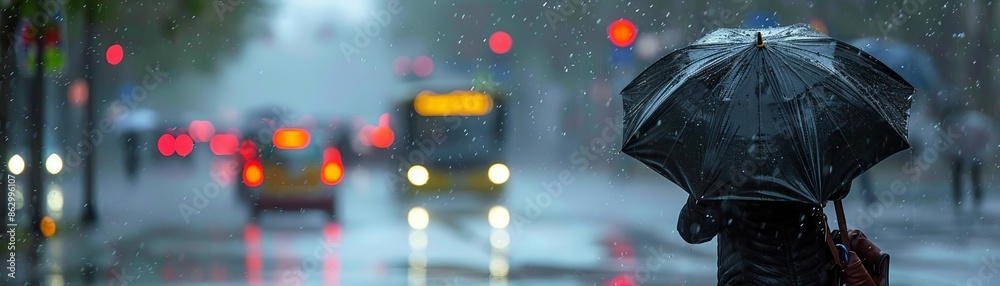 Commuter caught in a sudden downpour with an umbrella flipped inside ...