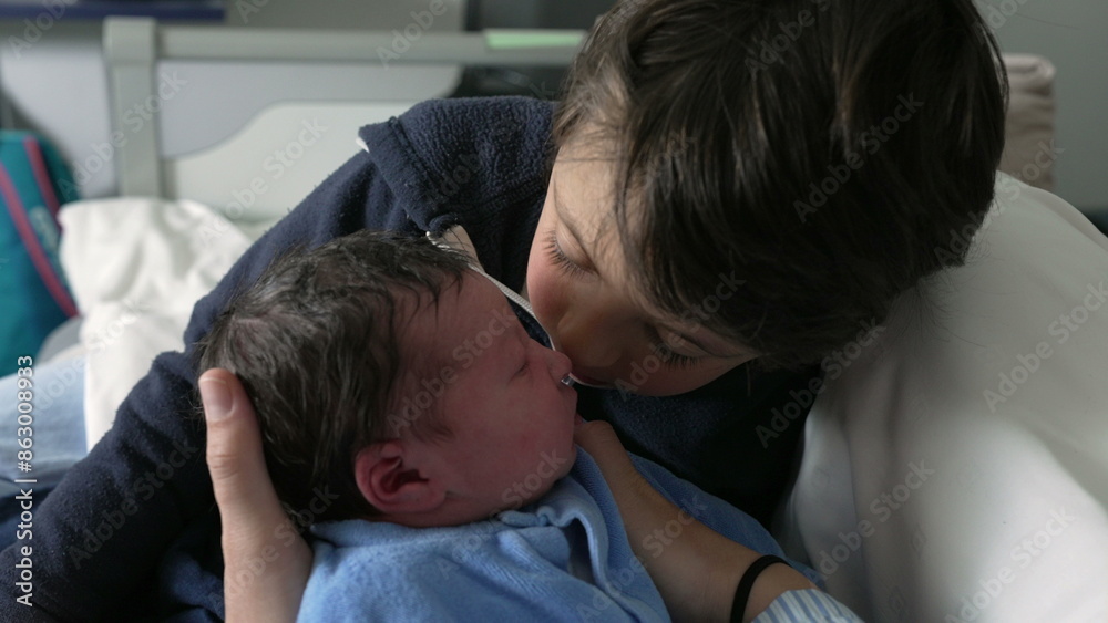 Young boy meeting his newborn baby at hospital in tender heartwarming ...