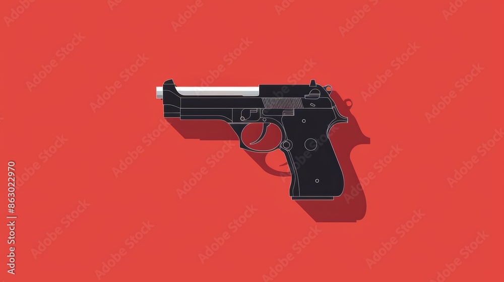 Silenced pistol with a sleek silencer, depicted against a red gradient ...